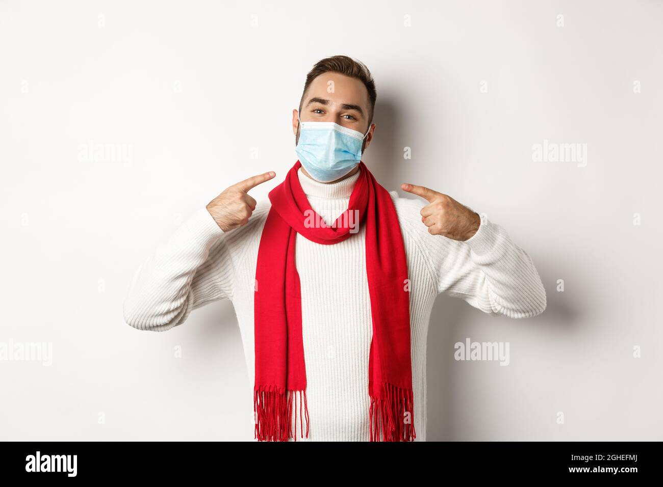 Covid-19, lockdown and quarantine concept. Smiling man recommending to ...