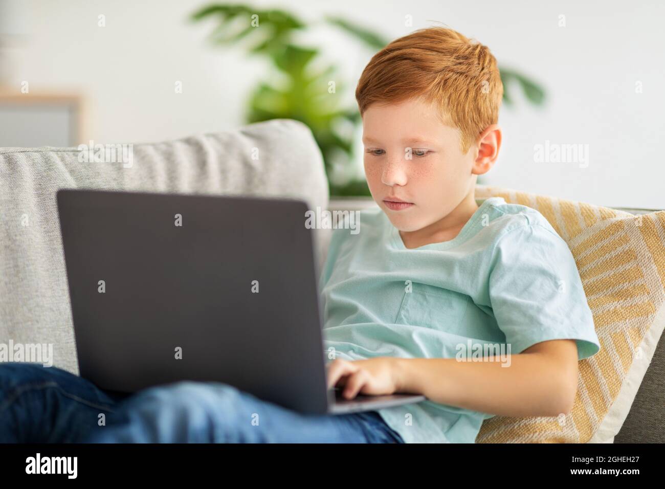 Redhead boy using laptop, playing online video game Stock Photo - Alamy
