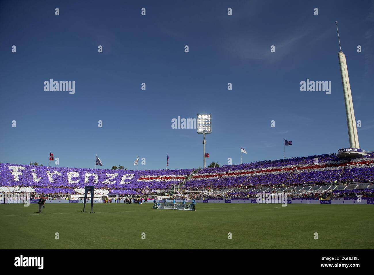 Coregoraphy in the home end is seen in this general view of the stadium ...
