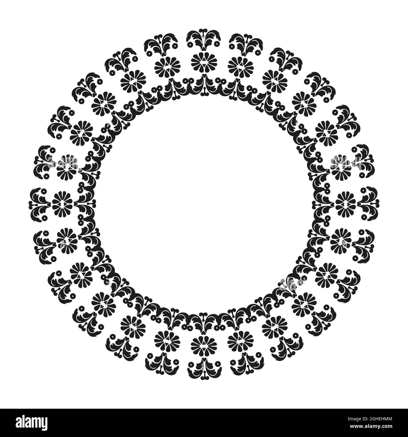 Round damask pattern with place for text. Floral frame. Black and white ...
