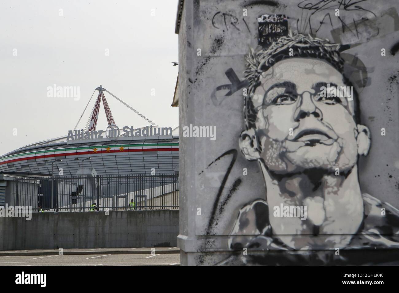 A piece of street art depicting Cristiano Ronaldo of Juventus around ...