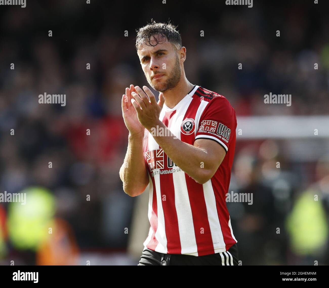 George Baldock of Sheffield Utd applauds the fans during the Premier ...