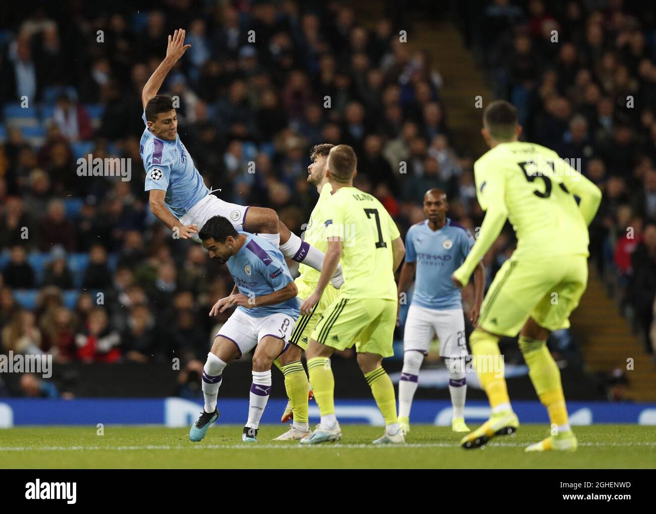 Rodrigo of Manchester City lies injured during the UEFA Champions ...