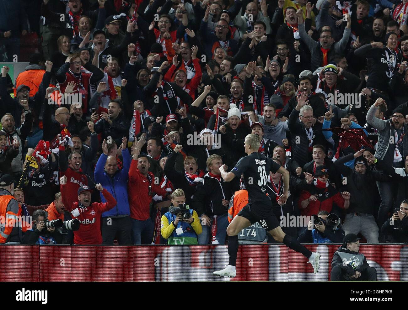 Erling Braut Haaland of Salzburg celebrates his goal against Liverpool ...