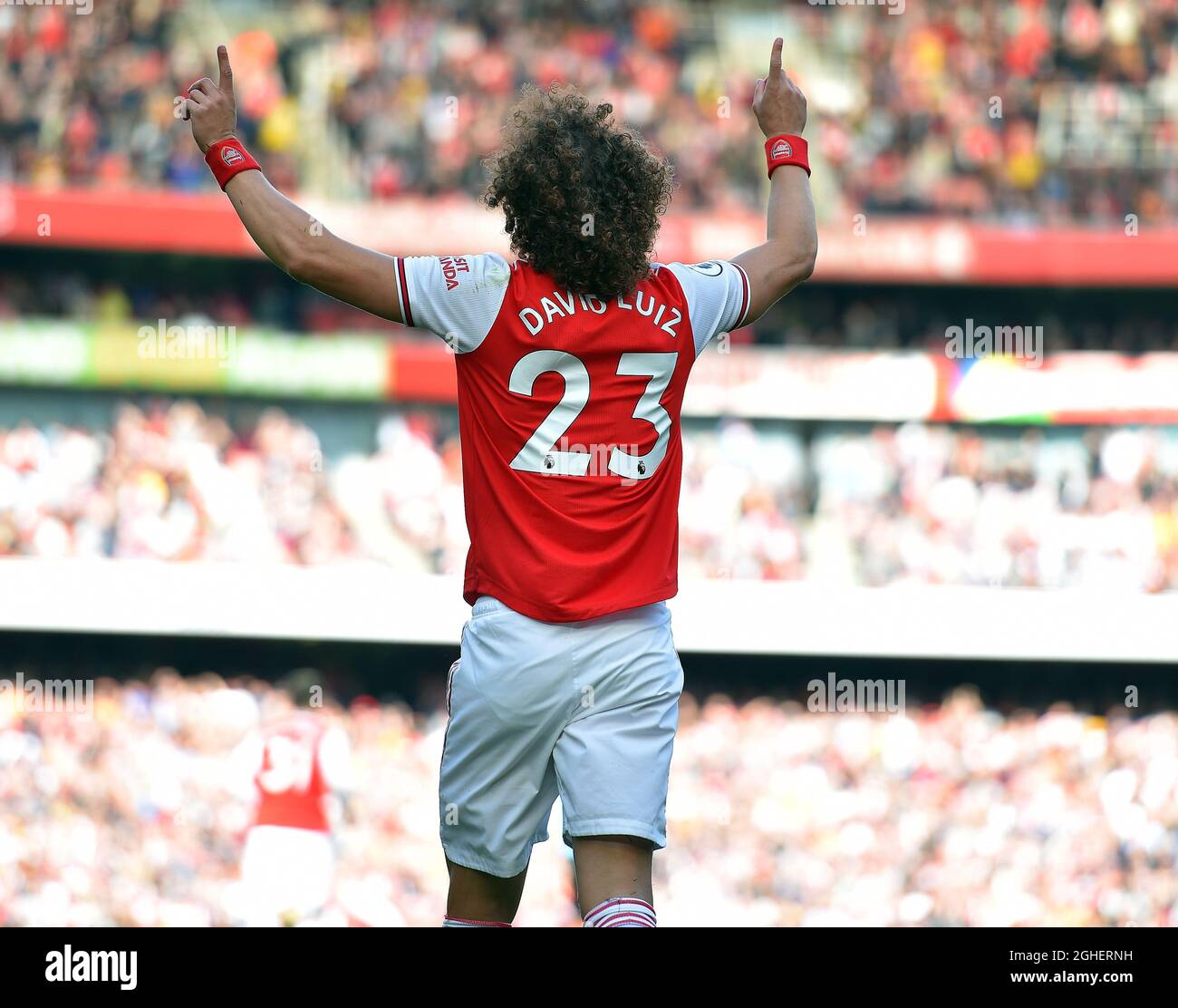 David Luiz of Arsenal celebrates scoring his goal to make it 1-0 during ...