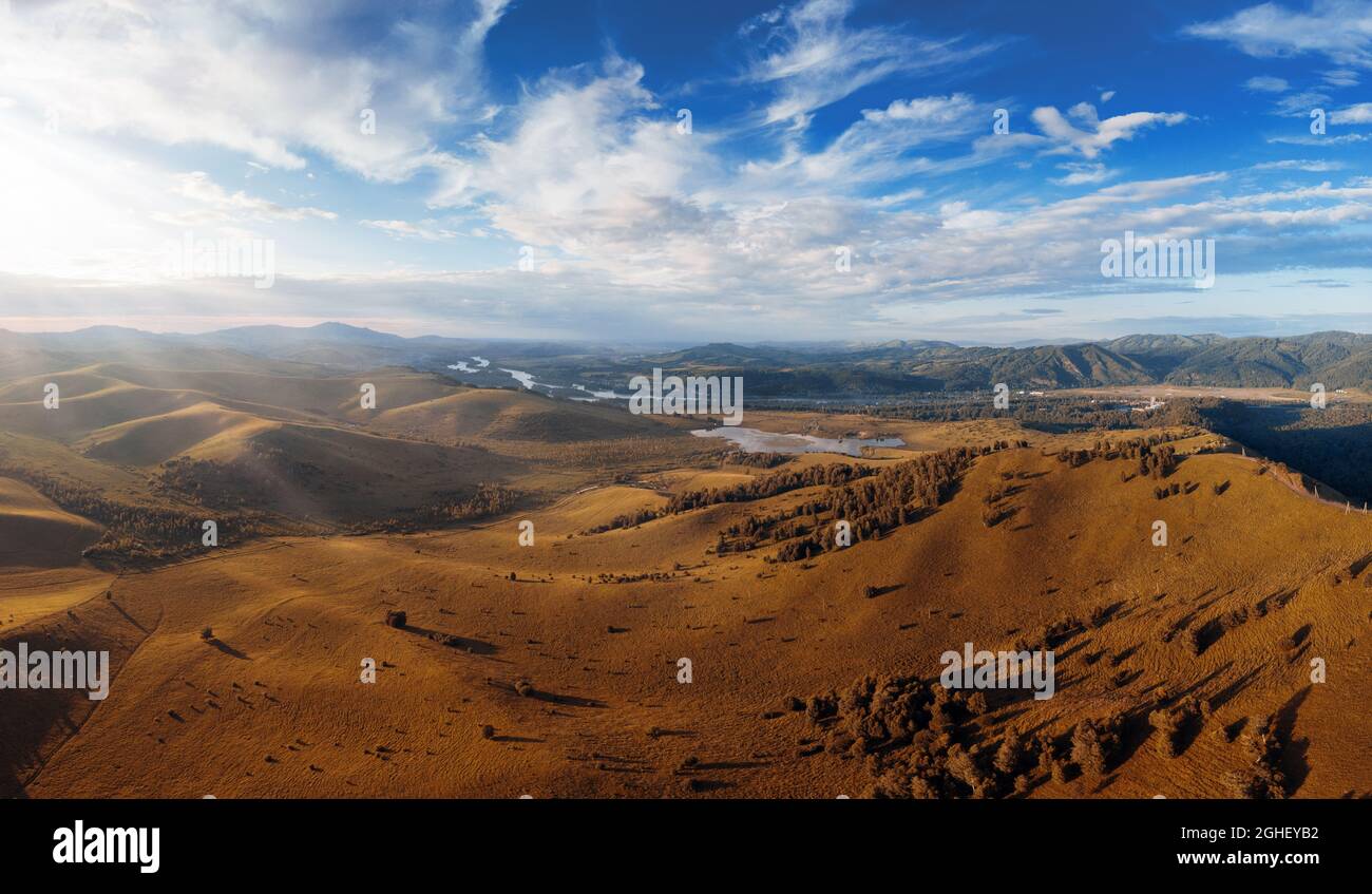 Aerial autumn panorama drone shot of beauty dawn on the peak, in the ...
