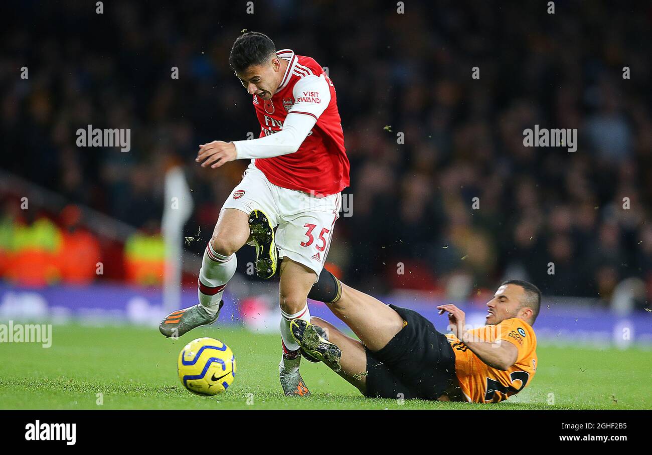ArsenalÕs Gabriel Martinelli is challenged by Wolverhampton WanderersÕ ...
