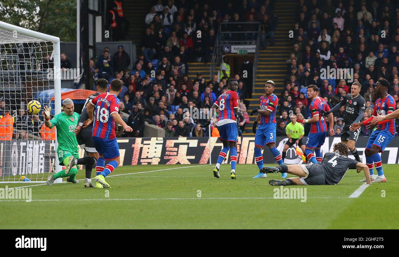 LeicesterÕs Caglar Soyuncu scores the opening goal during the Premier ...