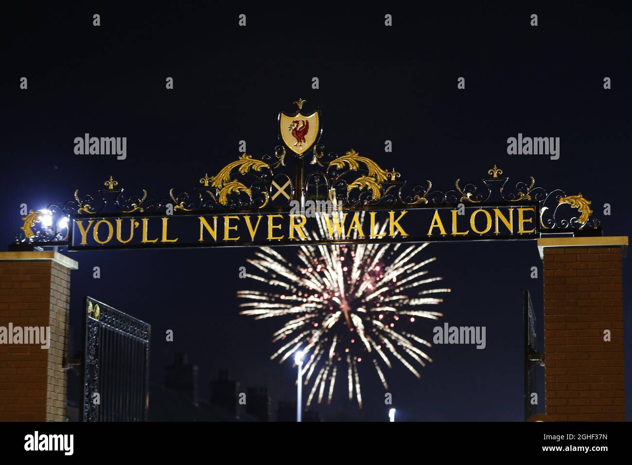 Fireworks explode in the sky around the ground before the UEFA ...