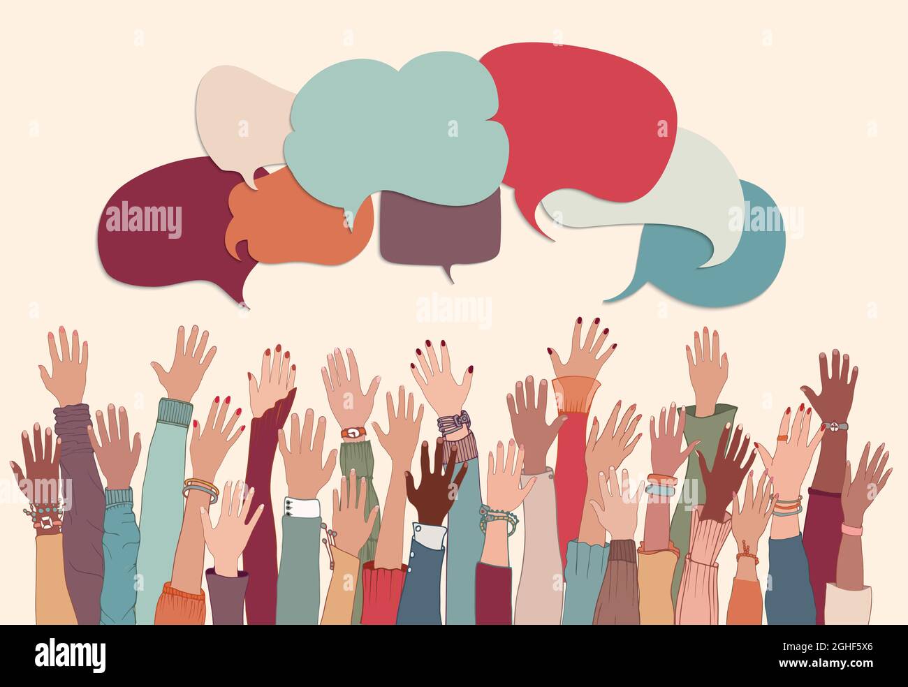 Anonymous arms and raised hands of multiethnic multicultural group people. Racial equality ...