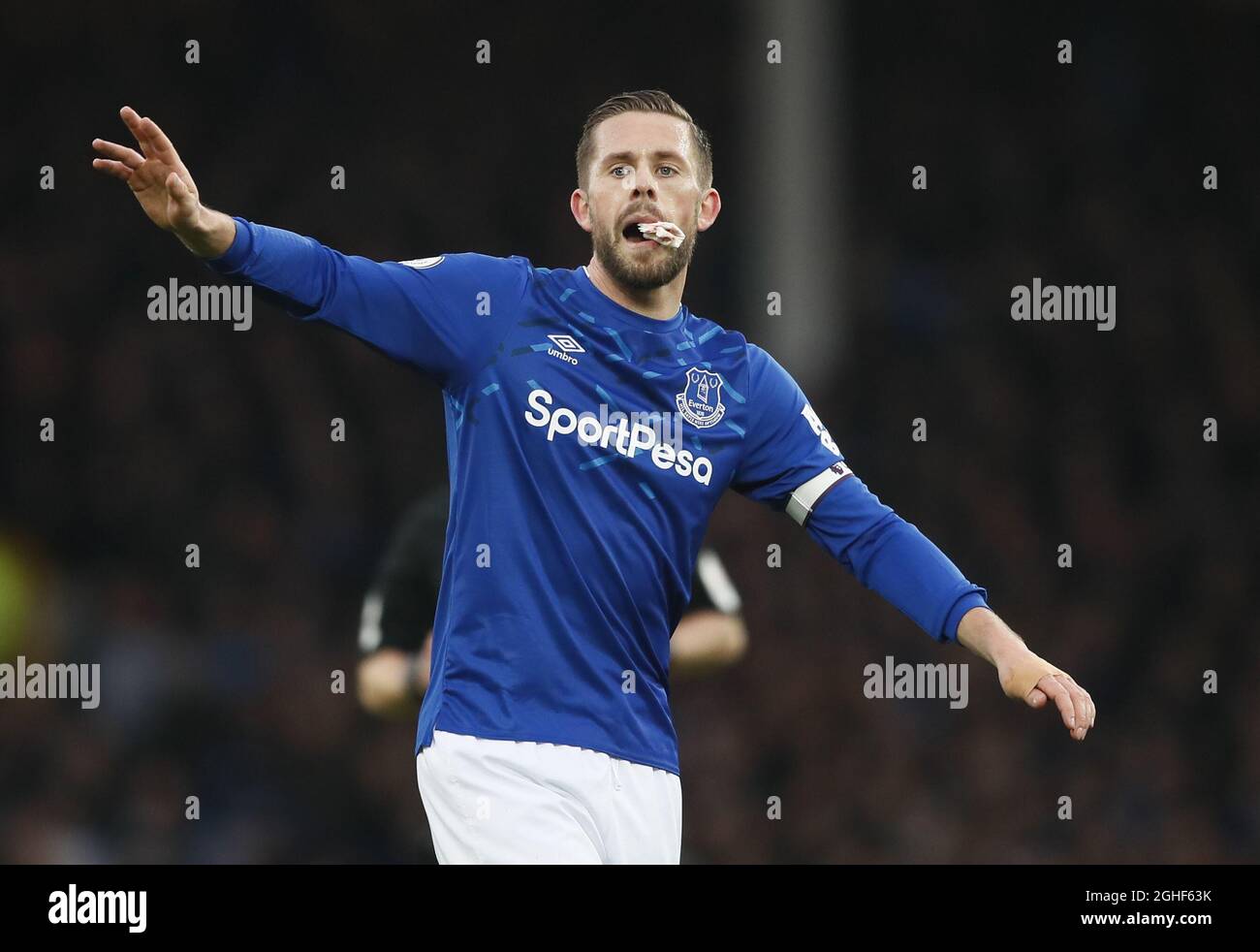 Gylfi Sigurdsson of Everton with a mouth pad during the Premier League ...