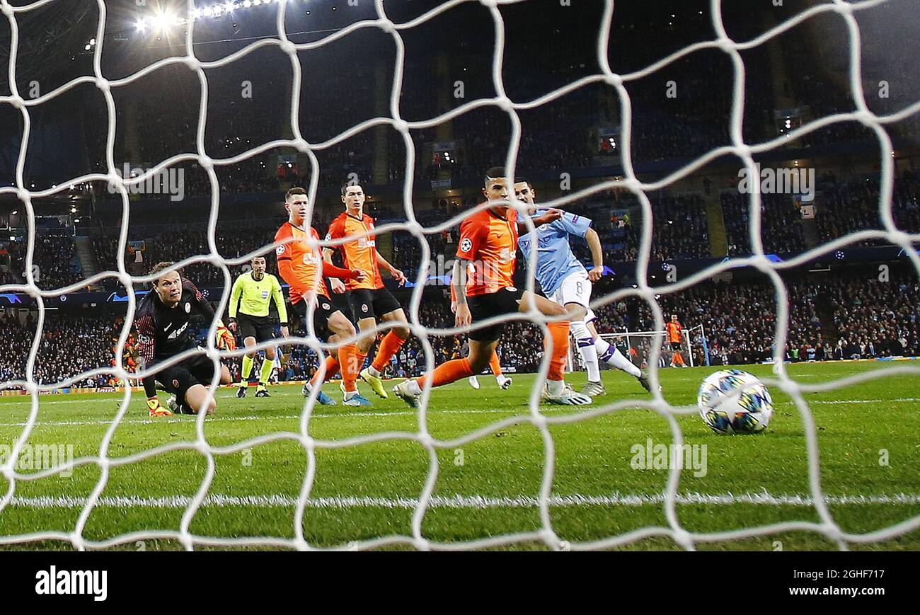 Ilkay Gundogan of Manchester City scores his goal against Shakhtar ...