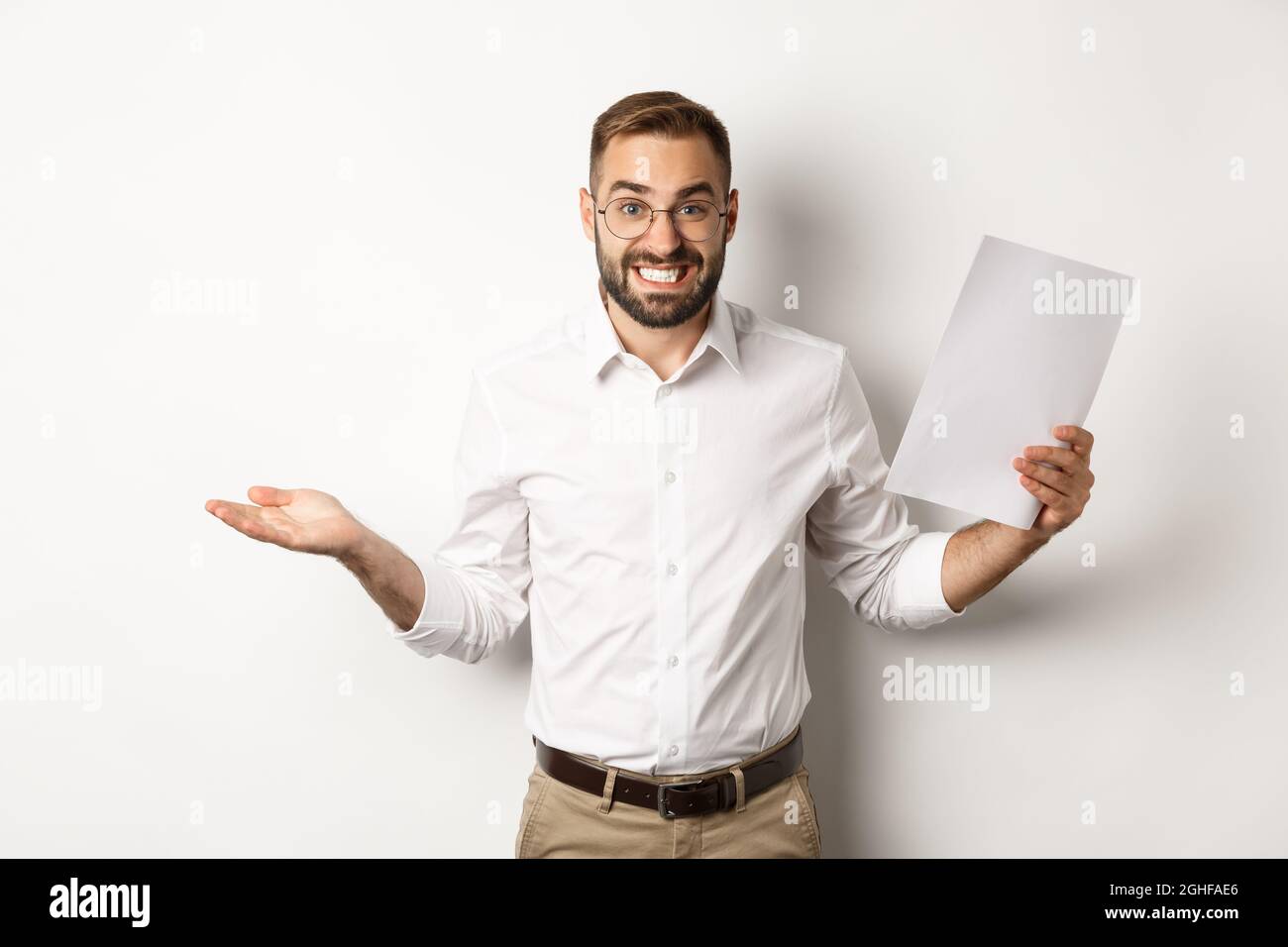 Awkward manager showing document and shrugging, looking guilty of ...