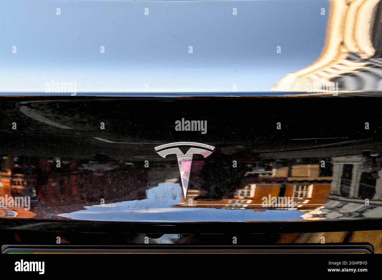 London, England - August 2021: Close up view of the badge on the rear ...