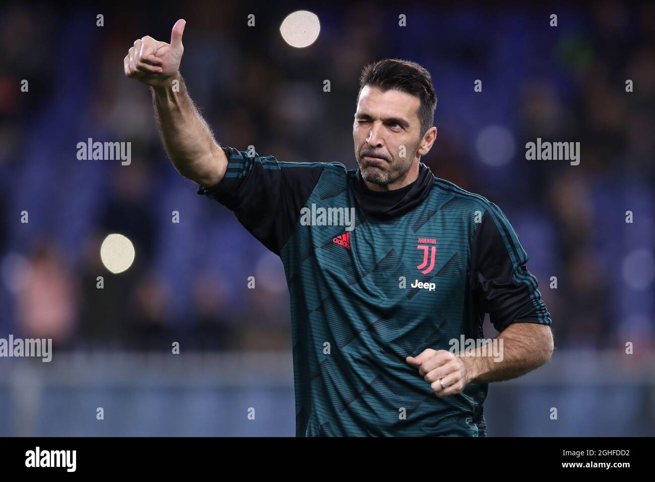 Gianluigi Buffon of Juventus salutes the fans during the warm up before ...