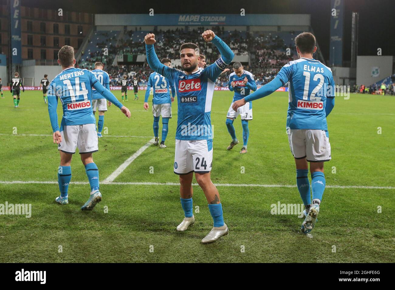 Napoli captain Lorenzo Insigne celebrates in front of fans after Elif ...