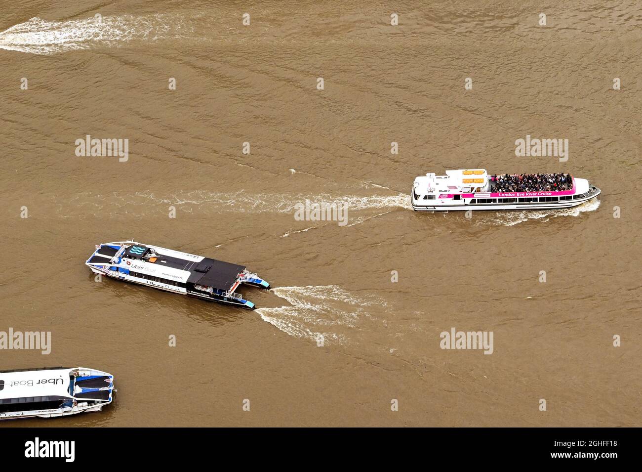 London, England - August 2021: Aerial view of Thames Clippers and a ...