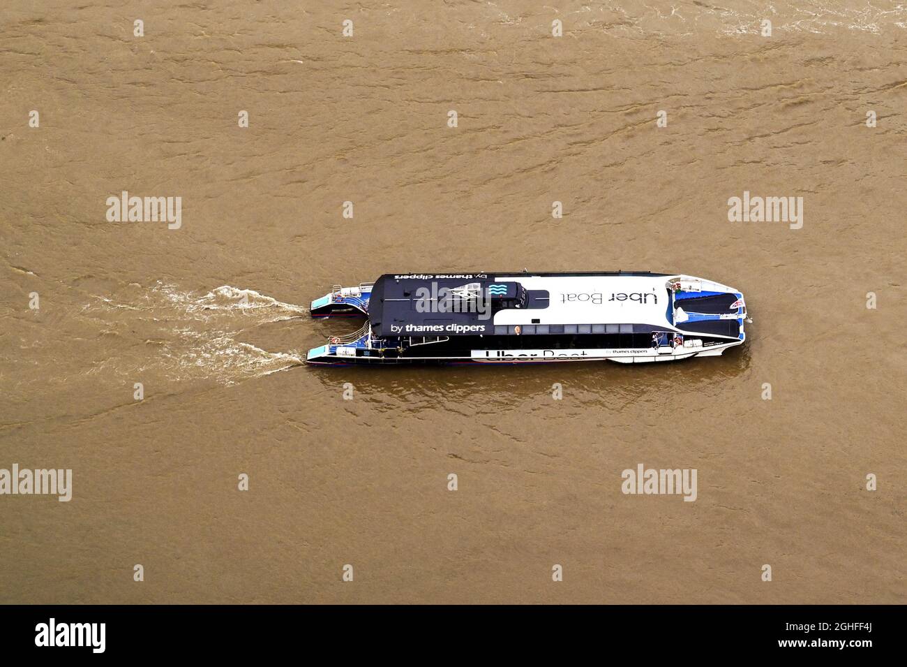 London, England - August 2021: Aerial view of a Thames Clippers water ...