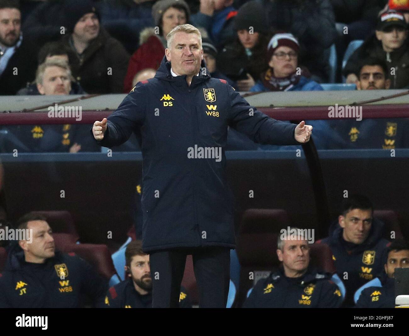 Dean Smith manager of Aston Villa tries to raise his players during the ...