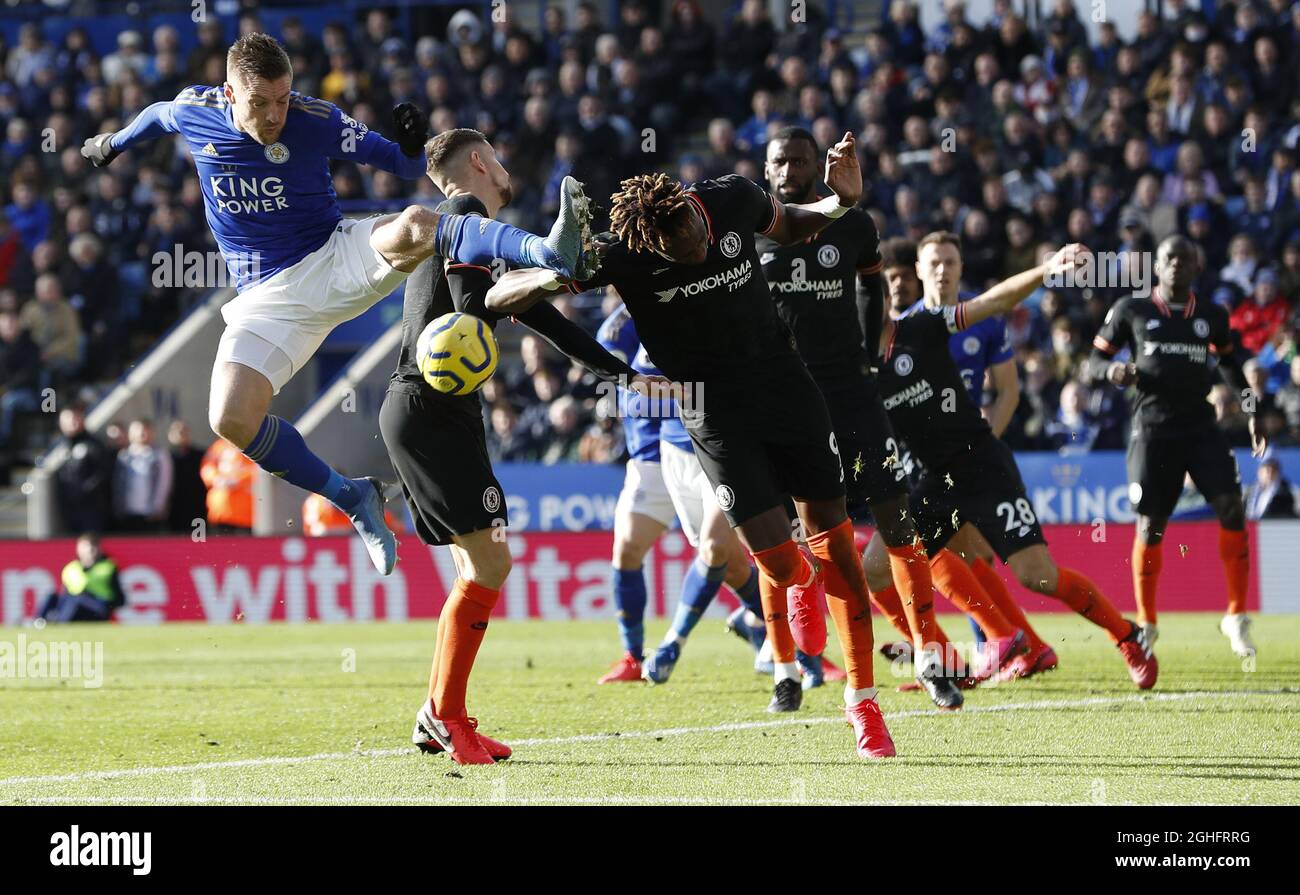Jamie Vardy of Leicester City challenges Tammy Abraham of Chelsea ...