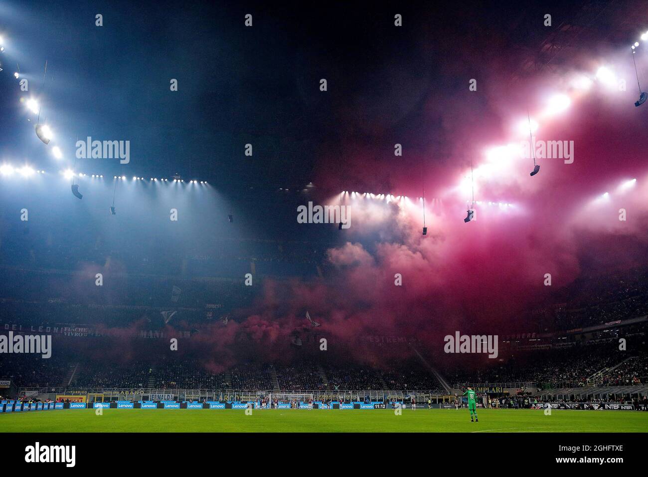 A general view of the stadium after AC Milan fans lit red smoke bombs ...