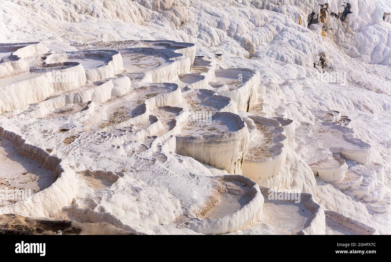 Aerial view of travertine terraces and pools at Pamukkale, Denizli ...