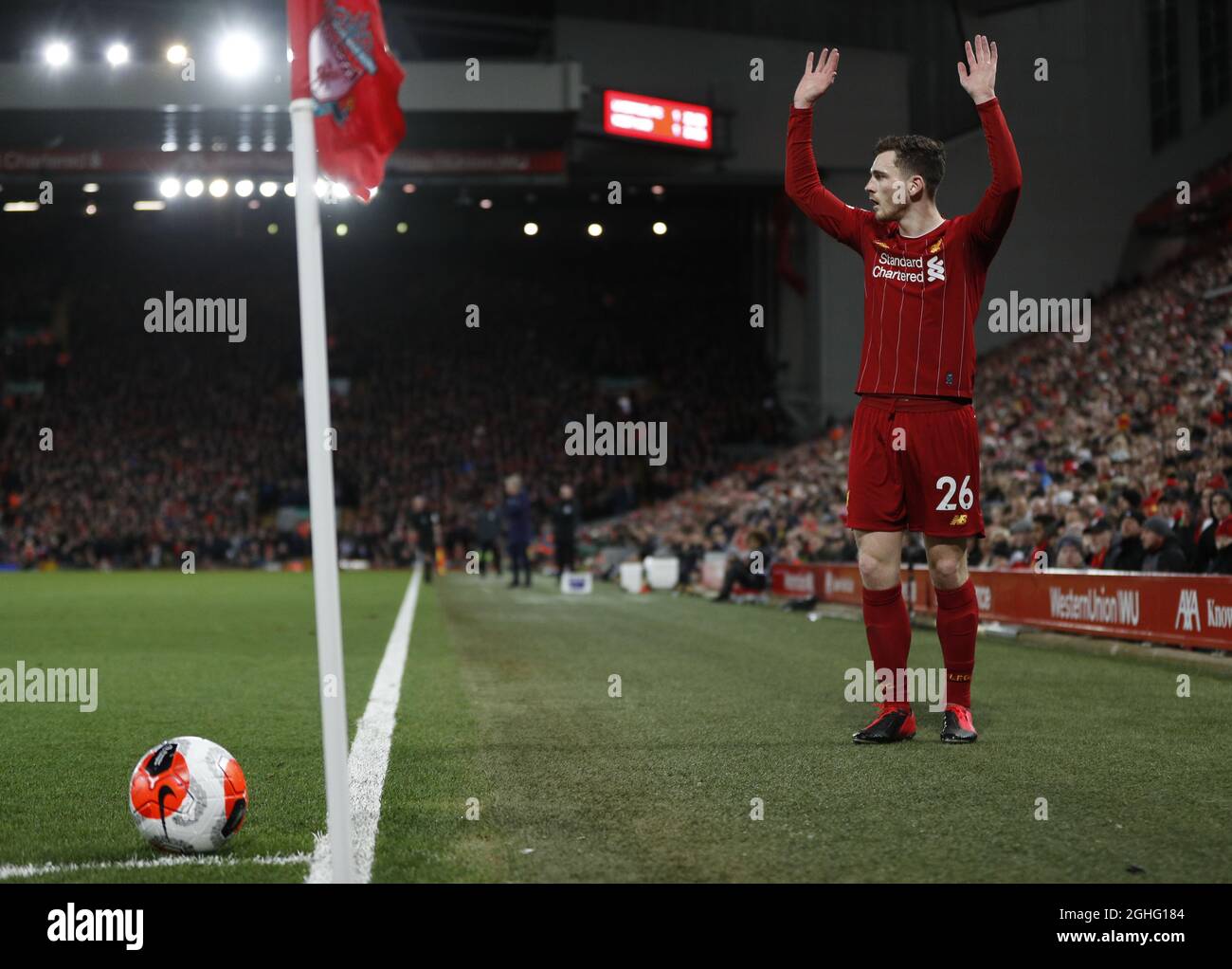 Andrew Robertson of Liverpool prepares to take a corner kick during the ...