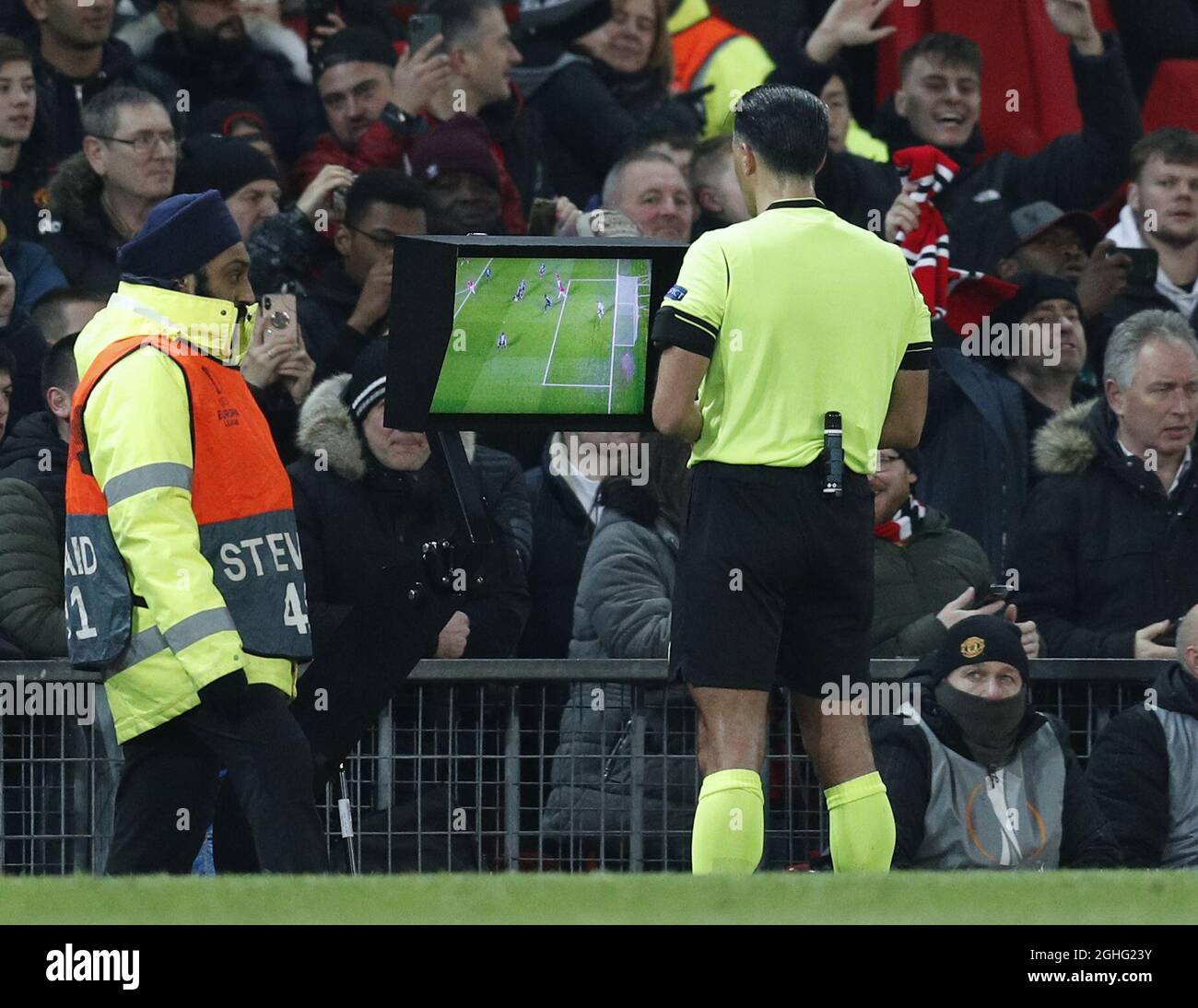 Referee Serdar Gozubuyuk checks the VAR monitor during the UEFA Europa ...