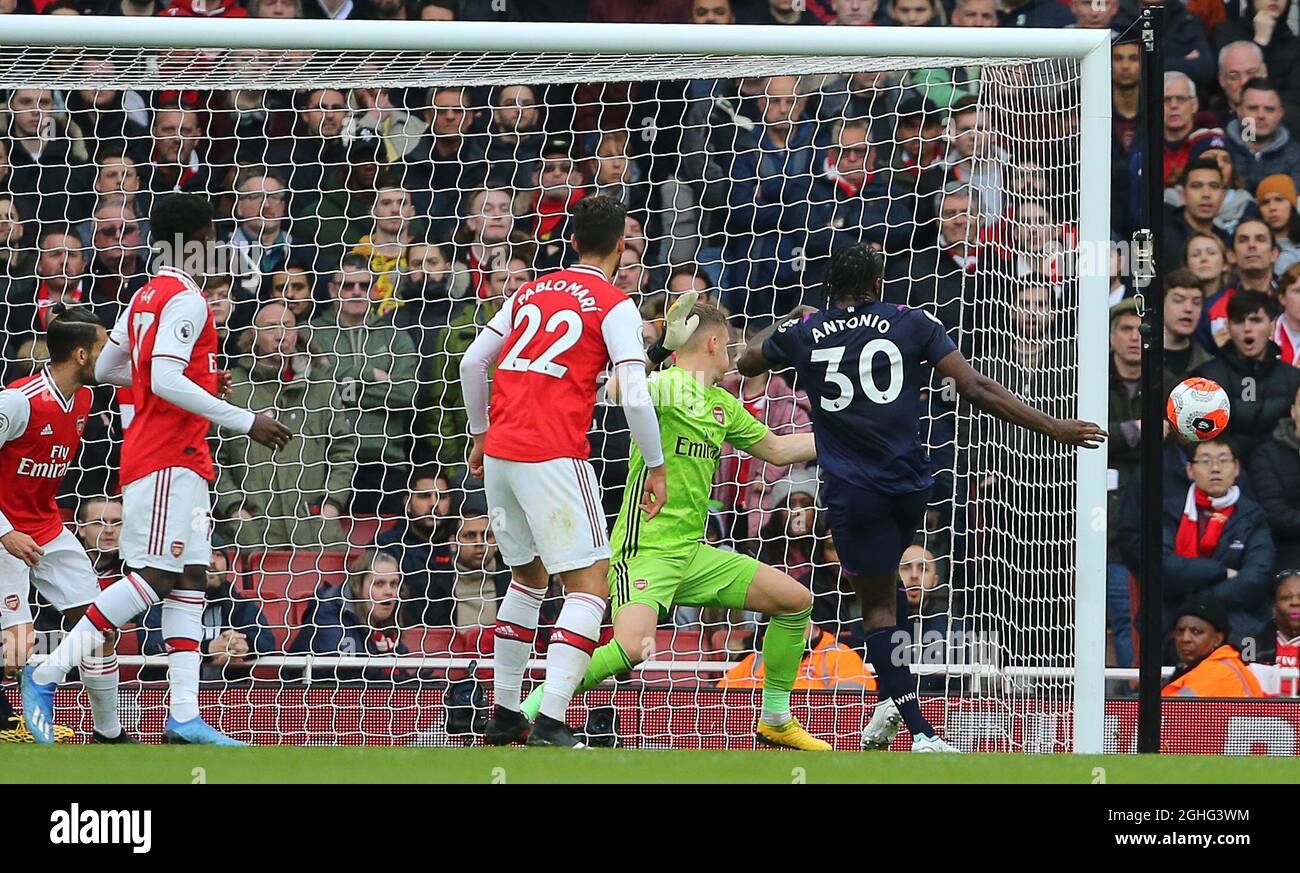 West HamÕs Michail Antonio has a shot on goal which goes just wide during the Premier League ...