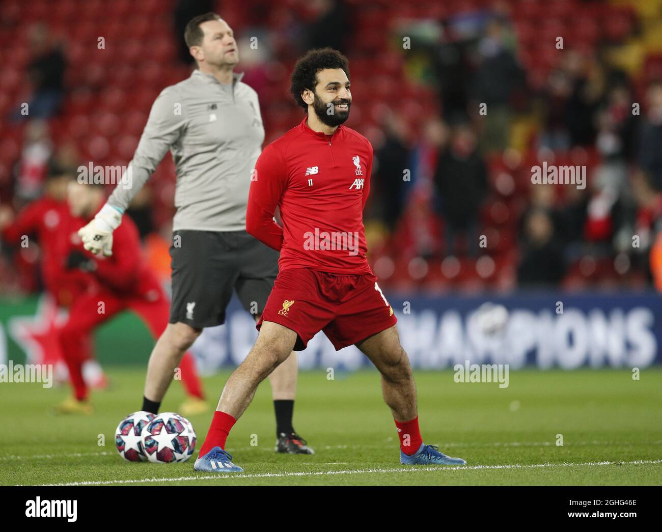 Mohamed Salah of Liverpool smiles during the warmup during the UEFA ...