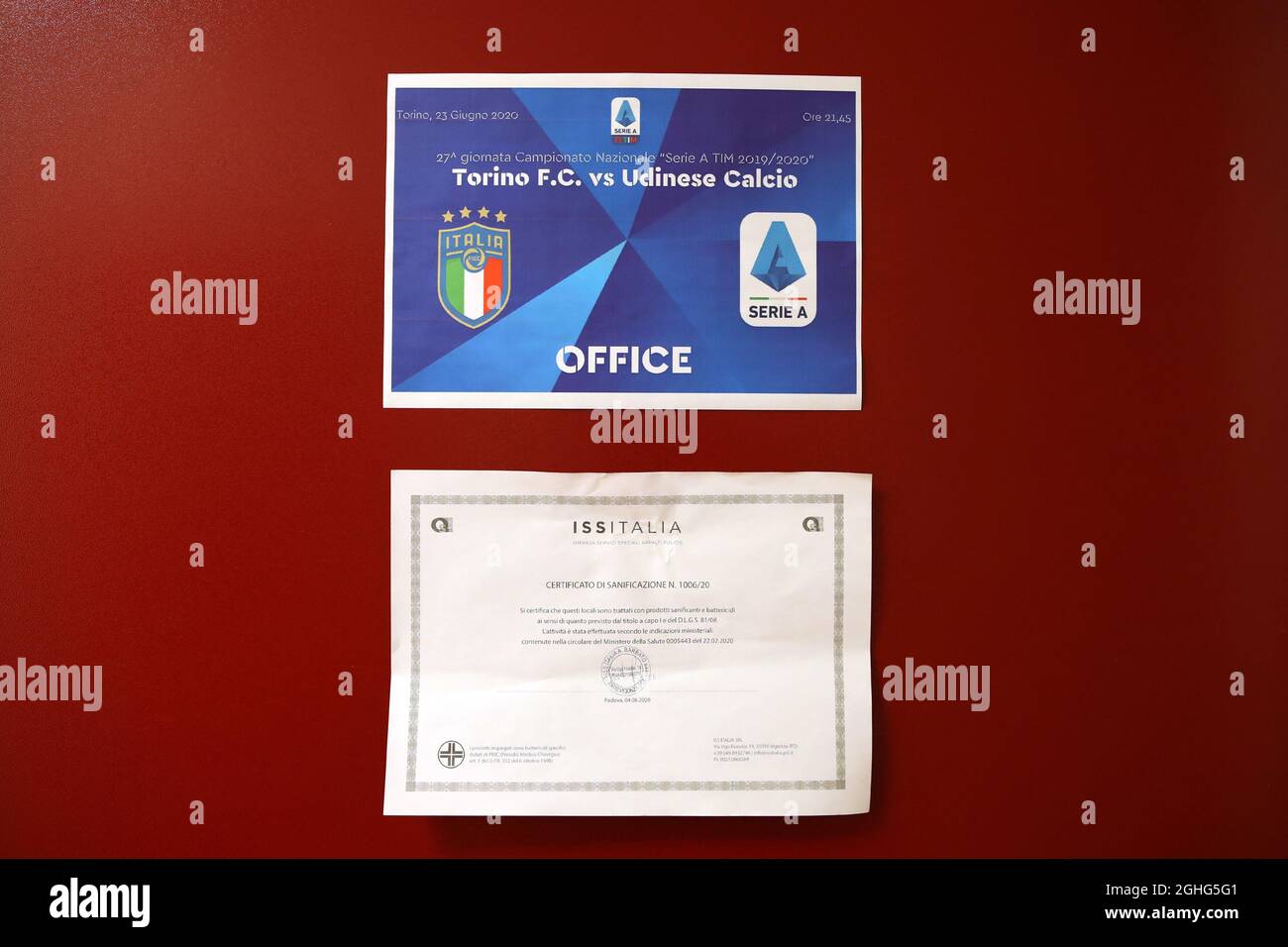 A sanification certificate attached to the Serie A stadium office ...