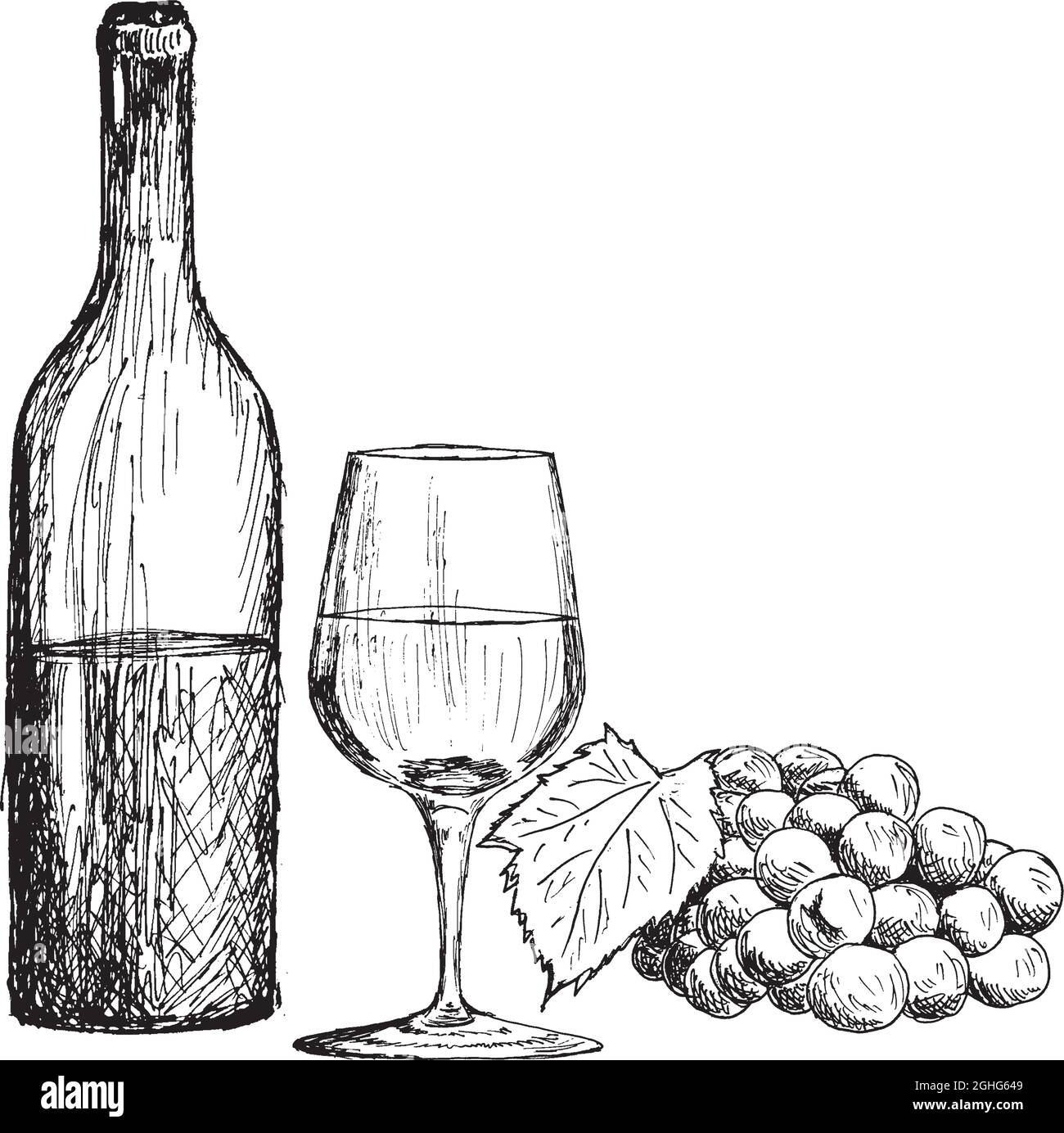 A set of wine. A glass, a bottle and a bunch of grapes Vintage Hand ...