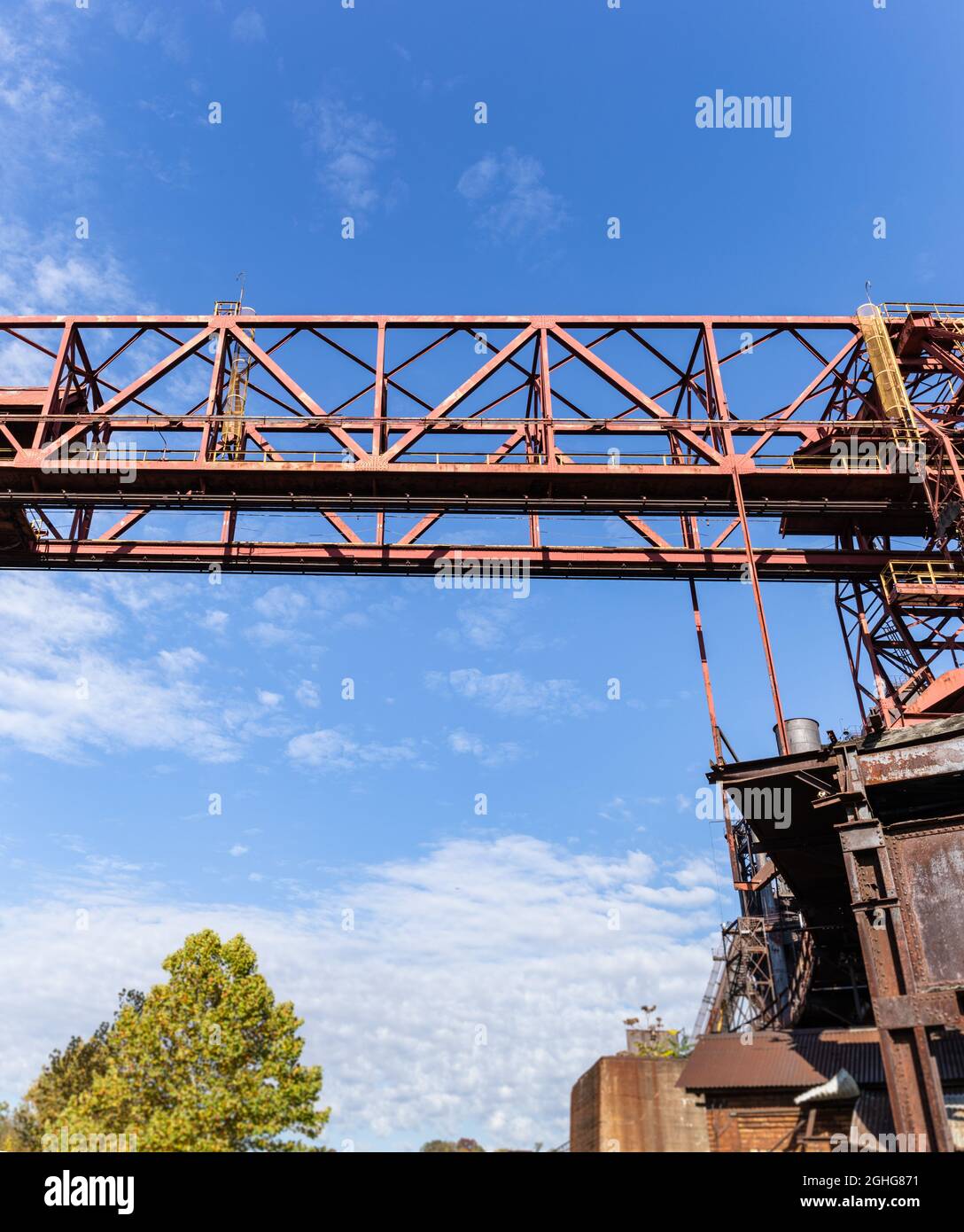 Large panorama of overhead trolley system on the exterior of a steel ...