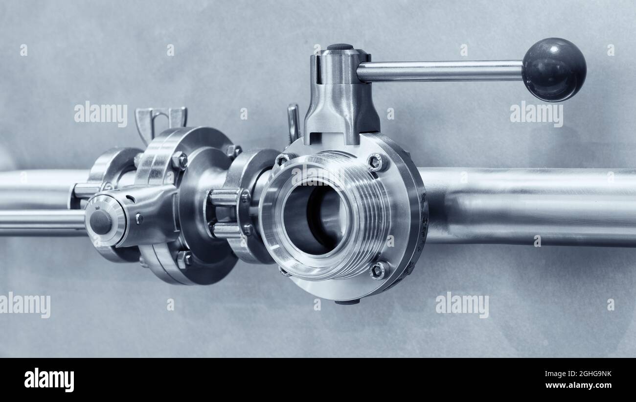 Stainless steel pipes in the factory. Construction on food production ...