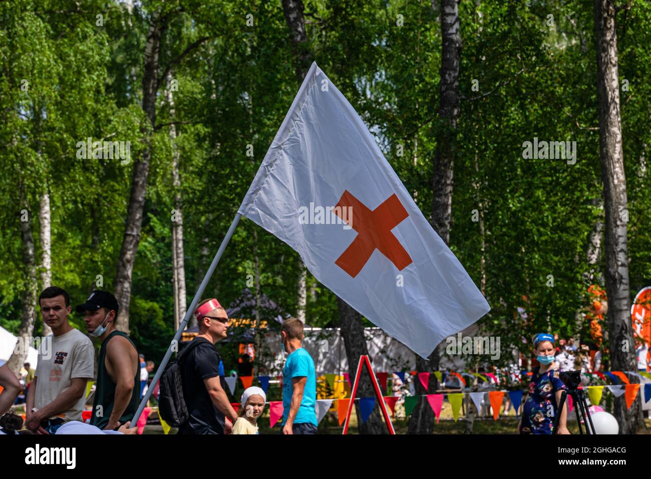 Kazan, Russia, August 10 2021. Red cross flag. Red Cross emblem of the ...