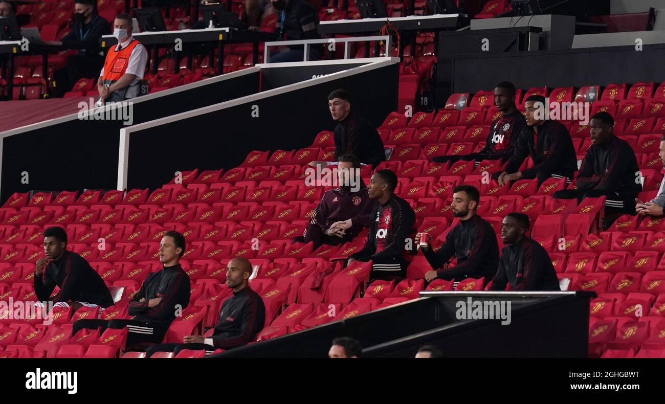 Substitutes in the stand are from left Marcus Rashford, Nemanja Matic ...