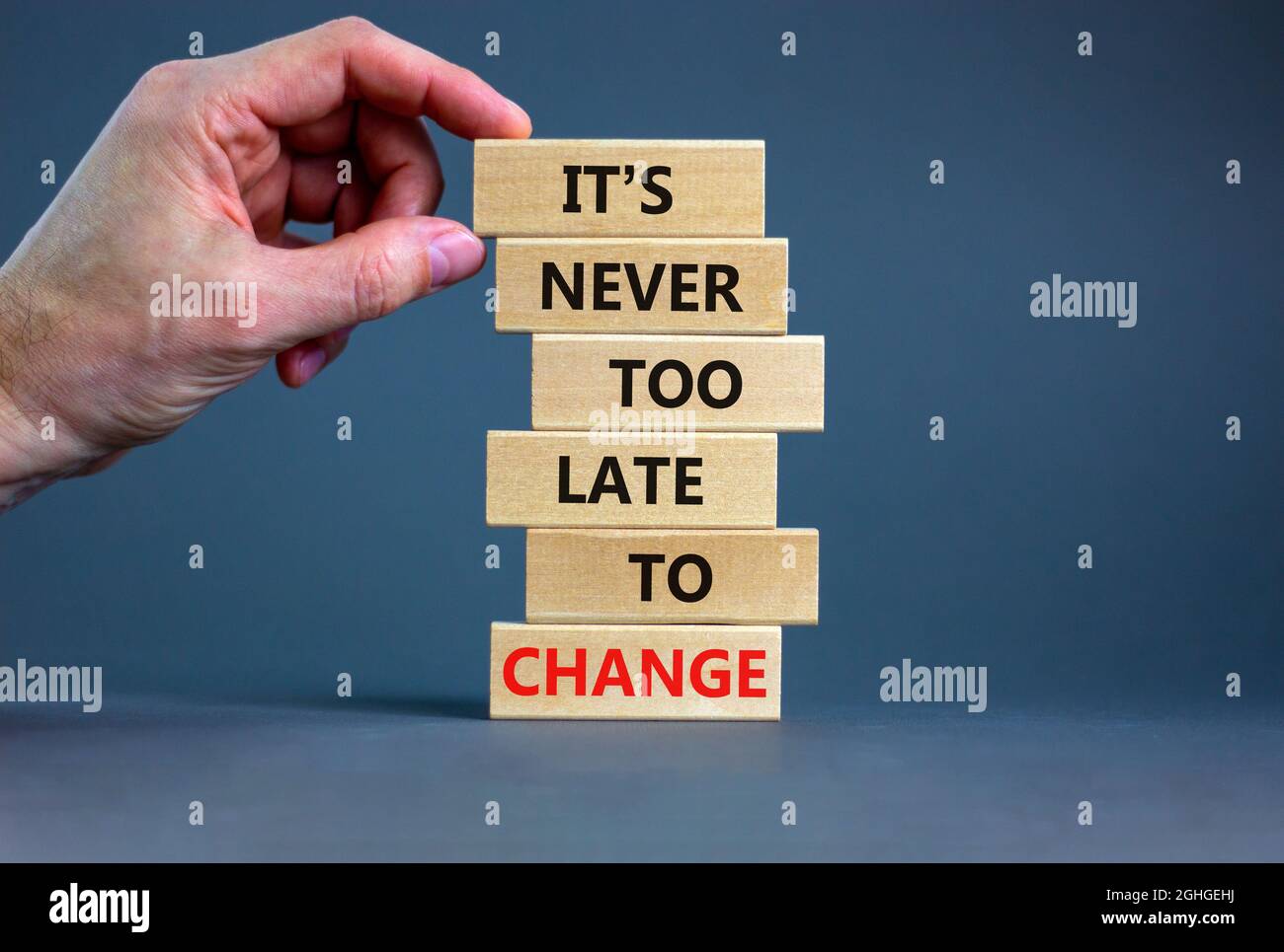 Change symbol. Wooden blocks with words 'It is never too late to change ...