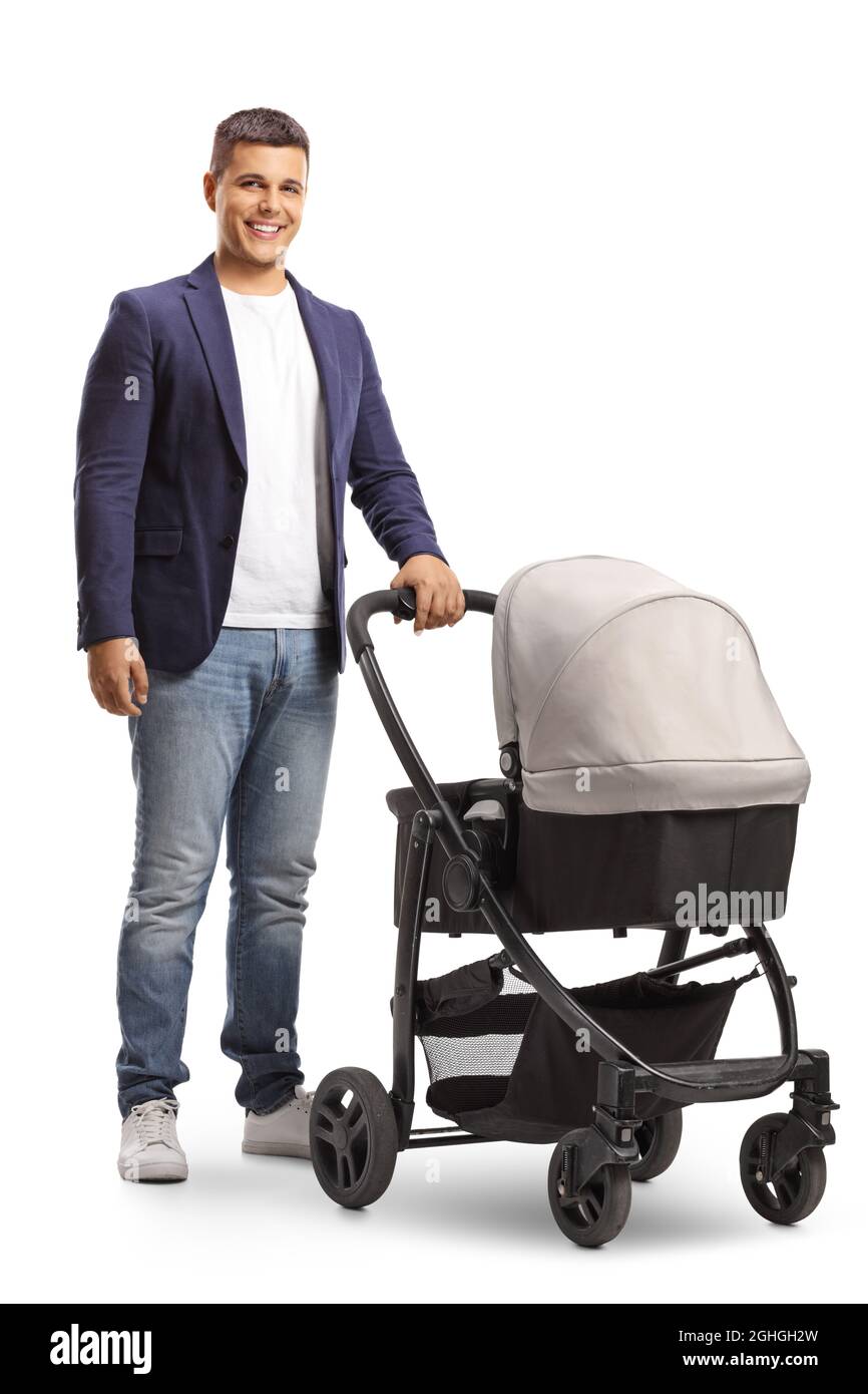 Young father with a baby stroller isolated on white background Stock ...