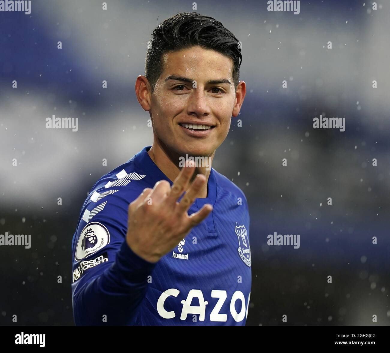 James Rodriguez of Everton celebrates scoring his second goal of the ...