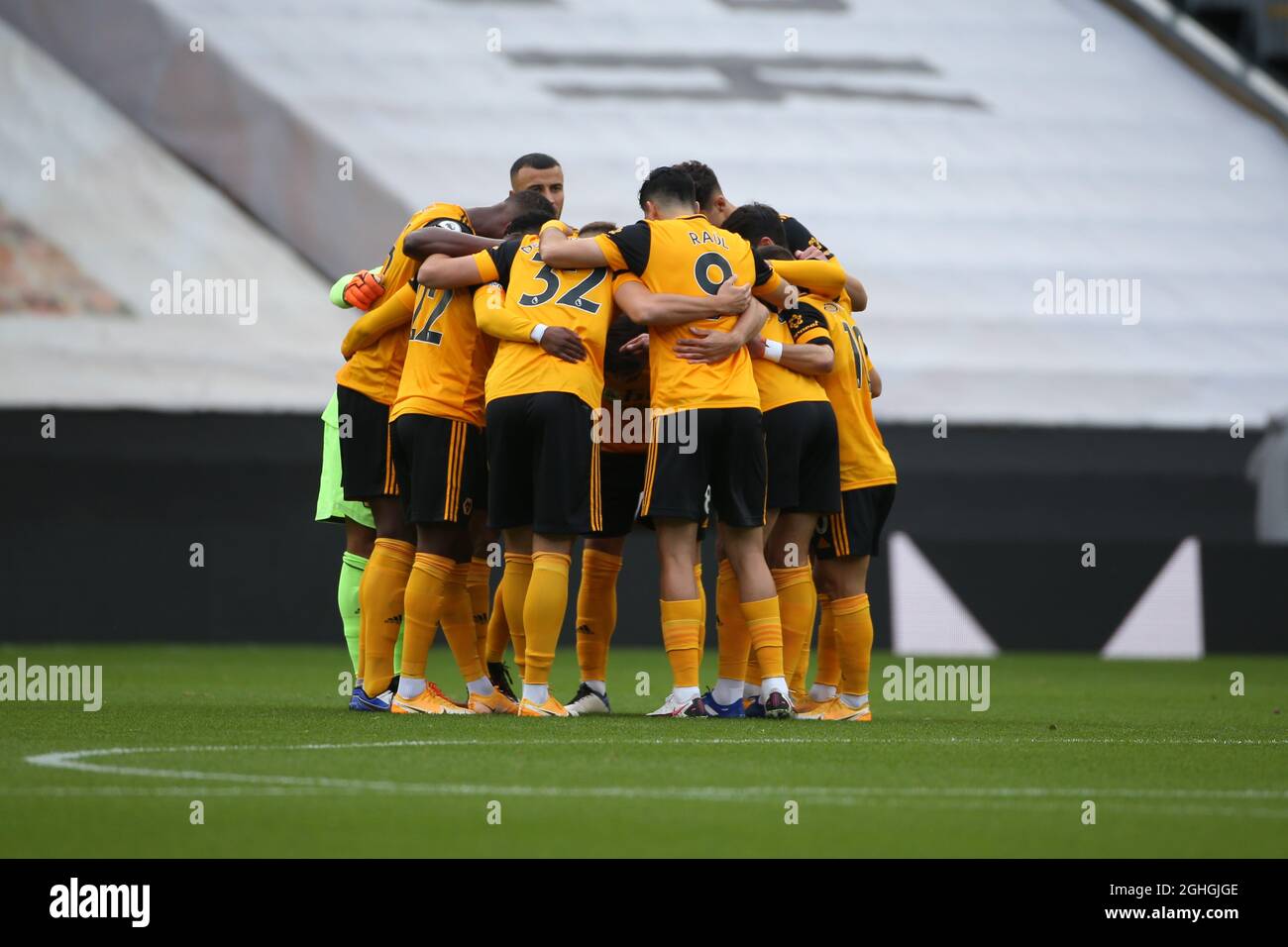 Wolves team huddle before the Premier League match at Molineux ...