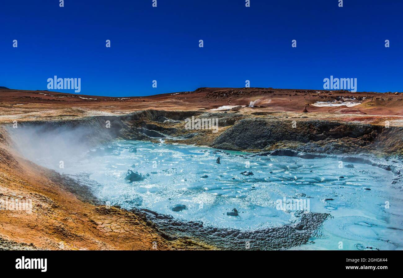 Mud pool at geysers Sol de Manana in Bolivia Stock Photo - Alamy