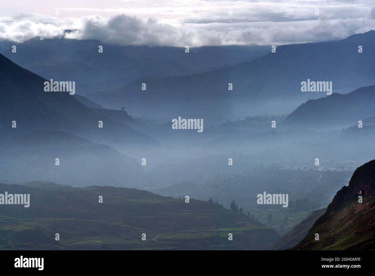 Stepped terraces on the steep sides of the Colca Canyon, Peru Stock ...