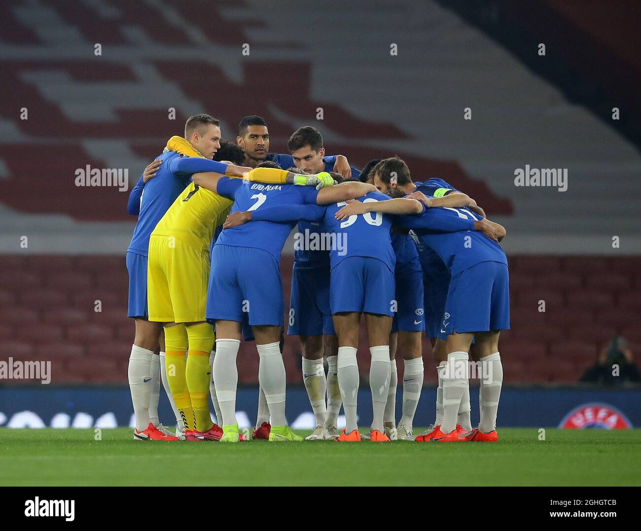 Molde's team huddle during the UEFA Europa League match at the Emirates ...