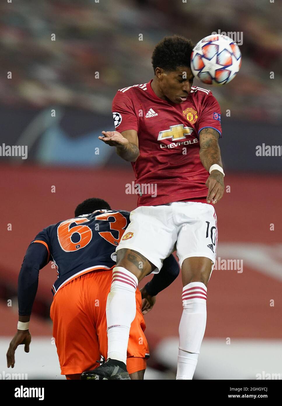 Marcus Rashford of Manchester United heads the ball during the UEFA ...