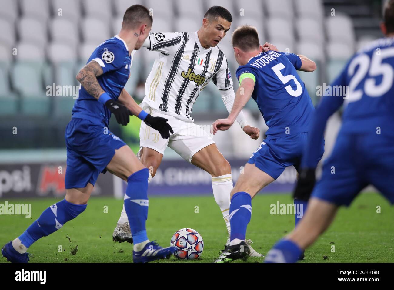 Cristiano Ronaldo of Juventus looks for a path through the Dynamo Kyiv ...