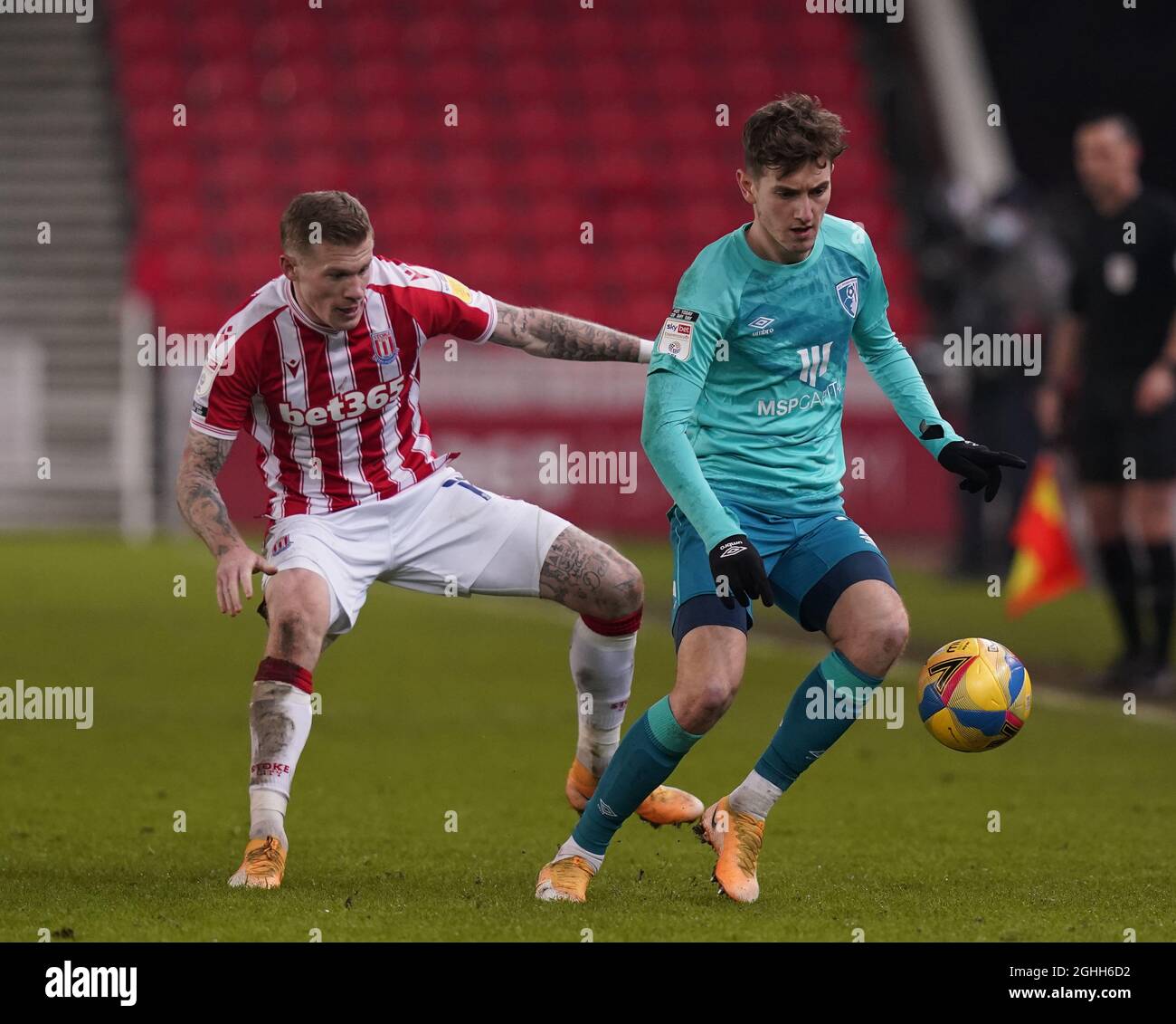 James McClean of Stoke City challenges David Brooks of Bournemouth ...