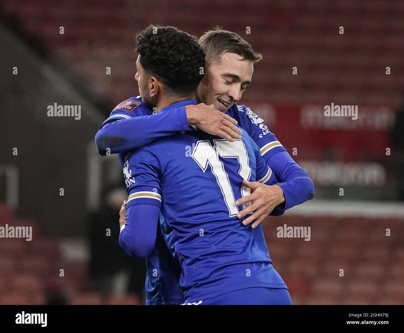 Timothy Castagne of Leicester City celebrates with scorer Ayoze Perez ...