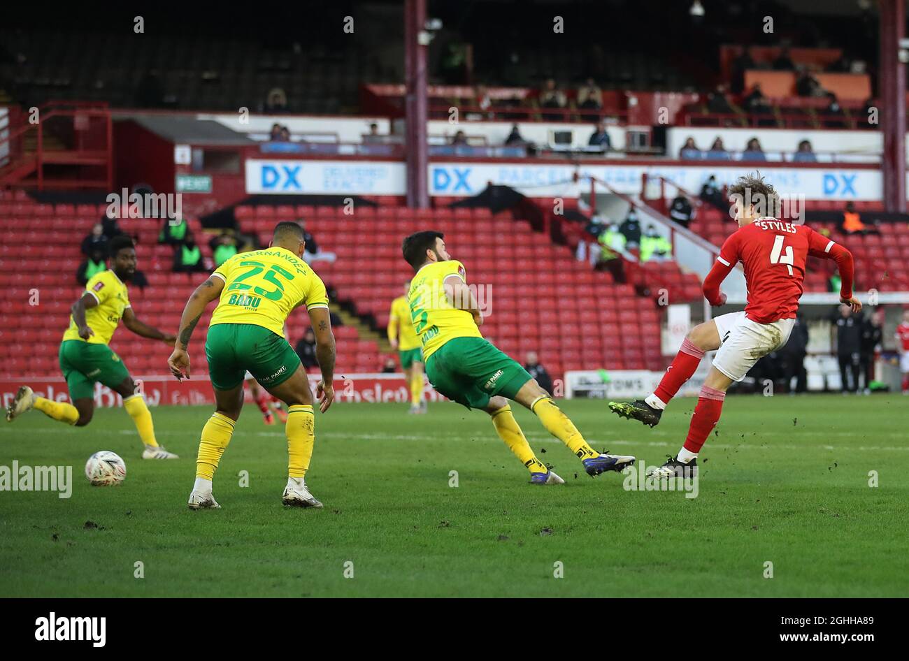 Callum Styles of Barnsley scores their first goal during the FA Cup ...