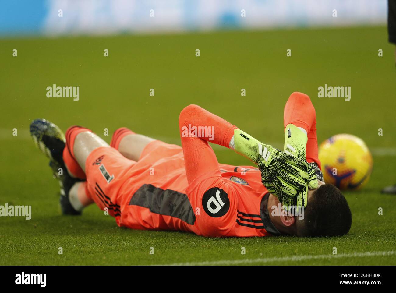Illan Meslier of Leeds United reacts following the equaliser during the ...