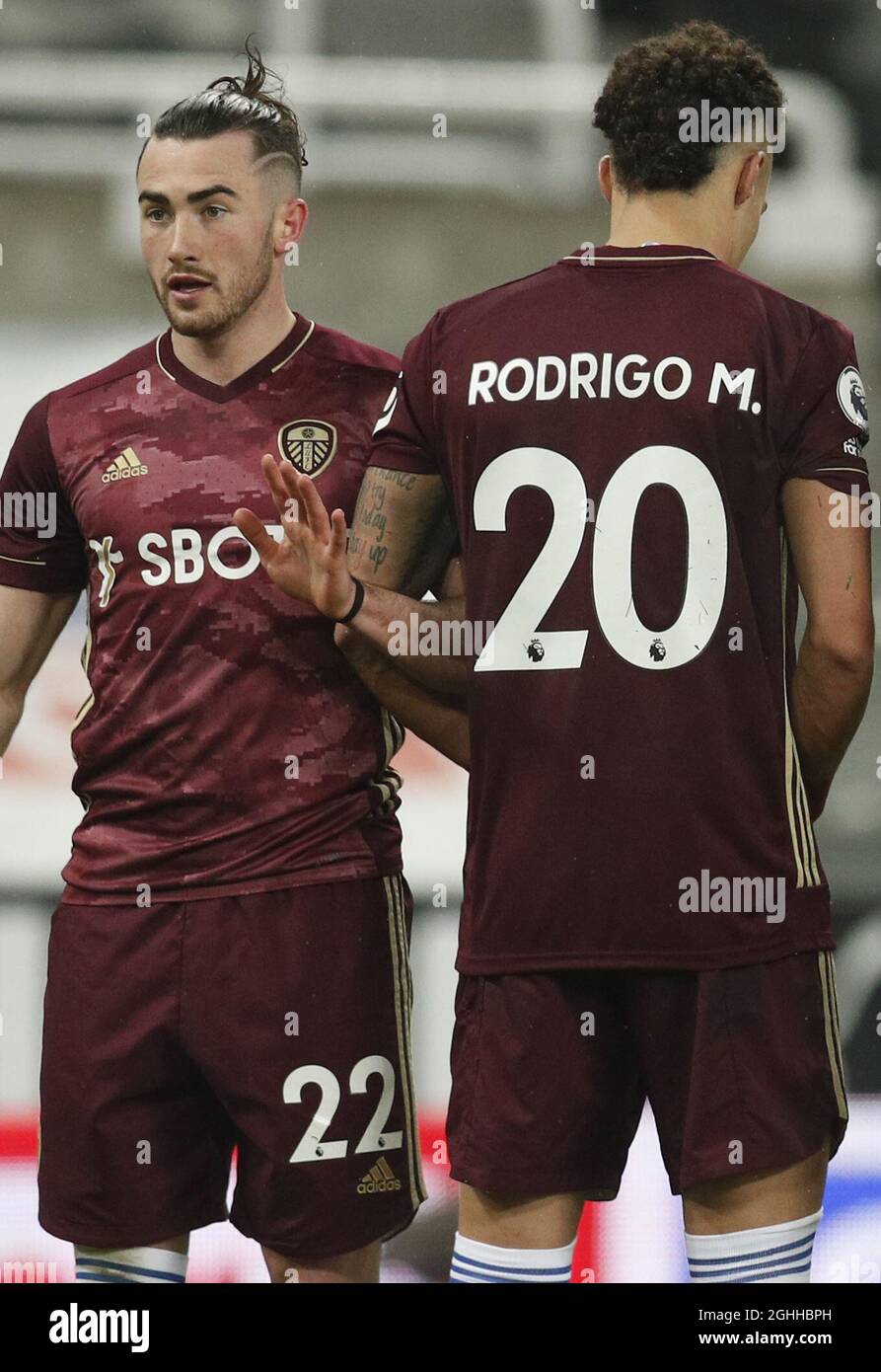 Jack Harrison of Leeds United stands in the wall during the Premier ...